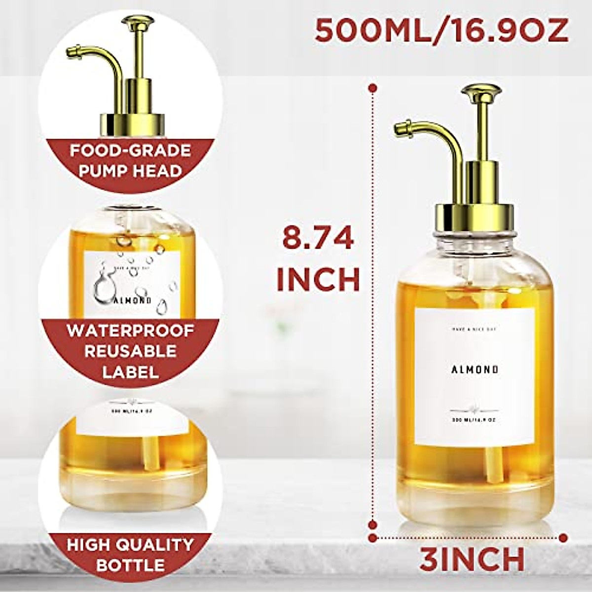 Coffee Syrup Dispenser Set w Bamboo Tray, Glass Syrup Bottles w Pump and 24 Labels, Coffee Bar Accessories, Syrup Dispenser for Coffee Bar, 2 Pack 16.9 Oz, Gold