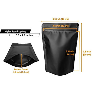 100 Pack Matte Black Mylar Stand Up Bags - 5.5x7.8 Inches Smell Proof Resealable Bags, Sealable Foil Packaging Bags