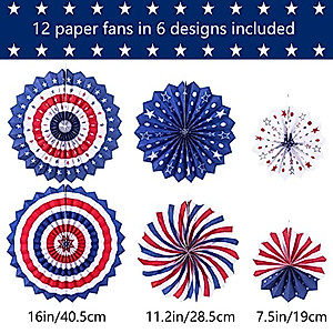 4th of July Patriotic Decorations Red White Blue Hanging Paper Fans for American Fourth of July Memorial Day Independence Day Veterans Day Party Decor Supplies Set of 12