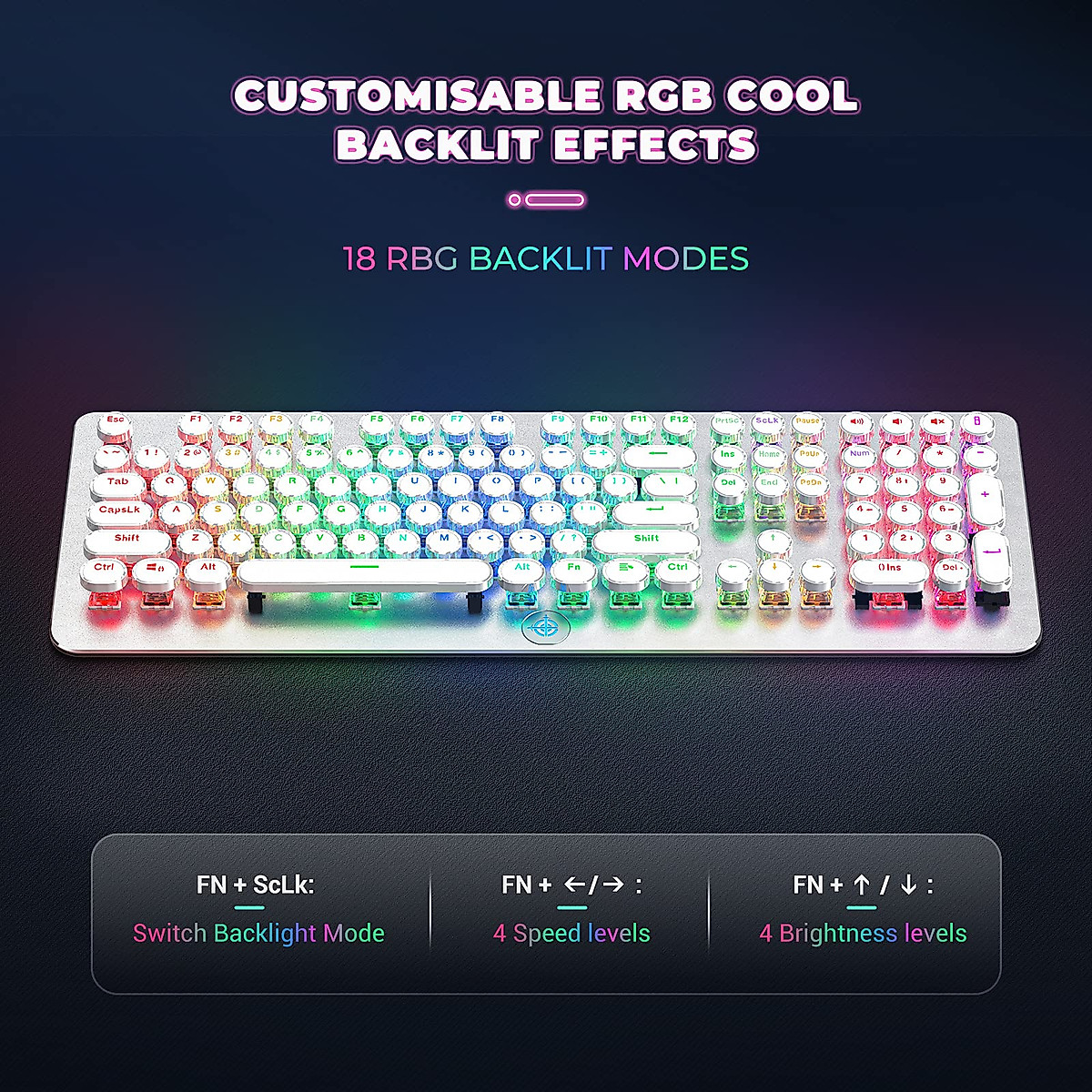 STOGA Retro Mechanical Keyboard, Typewriter Keyboard, RGB Gaming Keyboard with RGB Backlit, Wired White Keyboard with Round Keycaps and Multimedia Keys for Gaming/Office(108 Keys, Brown Switch)