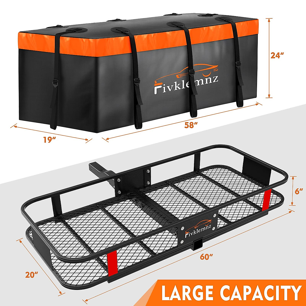 Foldable Hitch Cargo Carrier, 60" X 20" X 6" Heavy Duty Trailer Hitch Mount Luggage Basket with 500lb Capacity + 16 Cubic Waterproof Cargo Carrier Bag, Suitable for SUV, Truck, Car Traveling