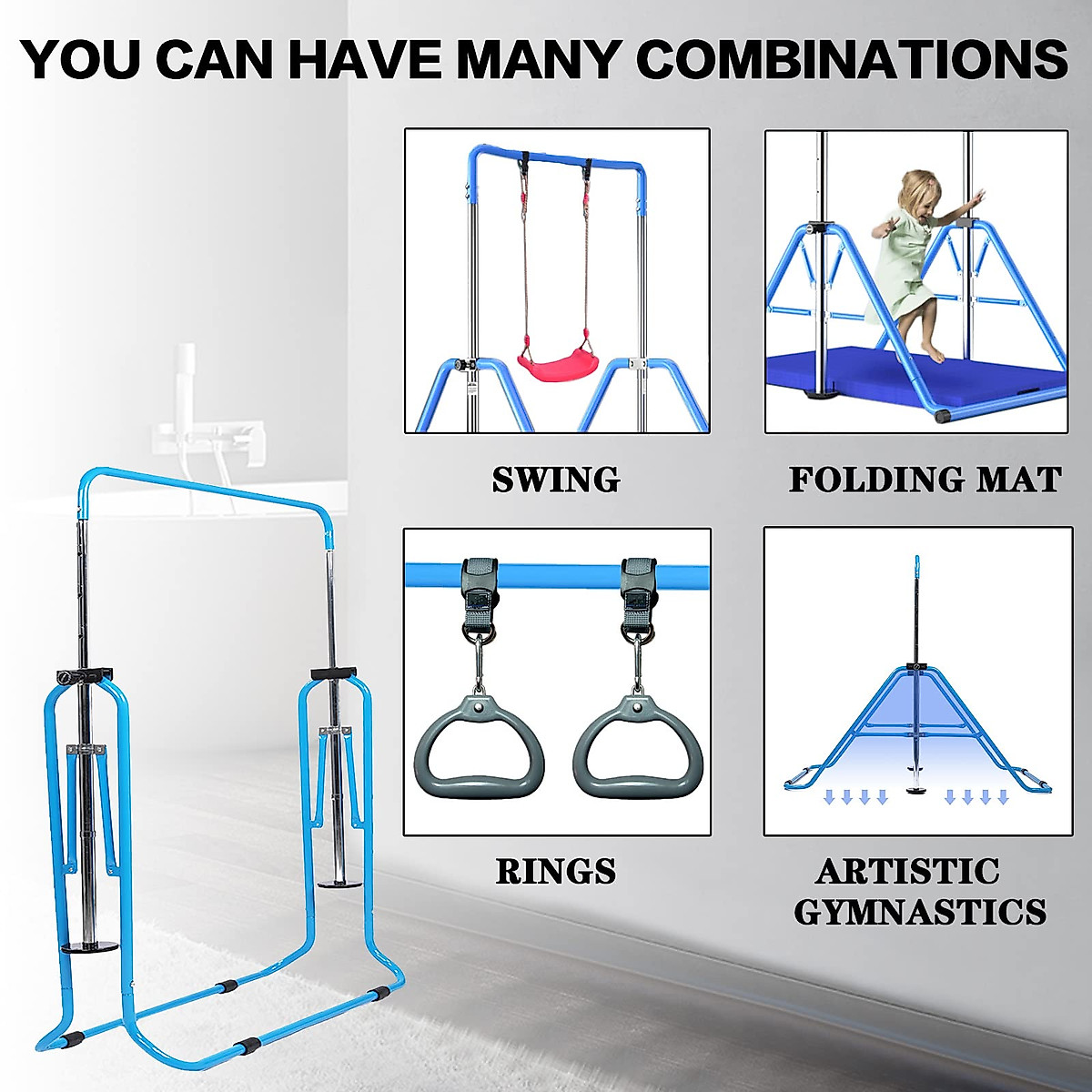 AMRTA Gymnastics Bars for Home with Rings Set Blue, Adjustable Height Training Balance Kip Monkey Bar Folding Horizontal Gymnastic Equipment, for Kids Children Junior Toddler Ages 3-10