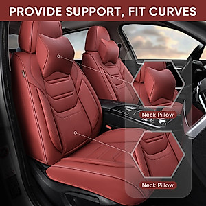 TIEHESYT Wine Red Car Seat Covers Full Set, Breathable Leather Automotive Front and Rear Seat Covers & Headrest for Comfortable Driving, Universal Auto Interior Fit for Most Kinds of Vehicles, Cars