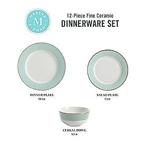 Martha Stewart Gracie Lane Porcelain Decorated Dinnerware Set - Martha Blue w/Gold Rim, Service for 4 (12pcs)