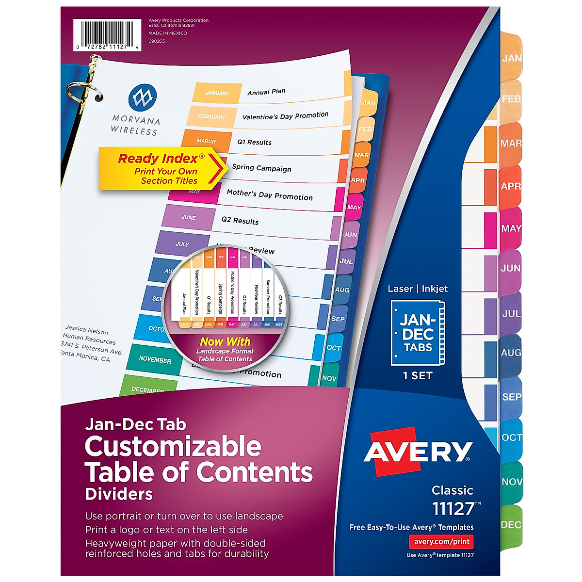 Avery Jan-Dec 12 Tab Dividers for 3 Ring Binders, Customizable Table of Contents, Multicolor Tabs, 1 Set (11127)