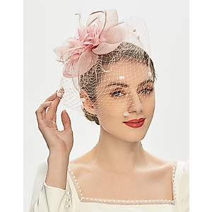 Cizoe Fascinator Hats for Women Tea Party Headband Kentucky Derby Wedding Flower Mesh Veil Fascinator (A-blush pink)