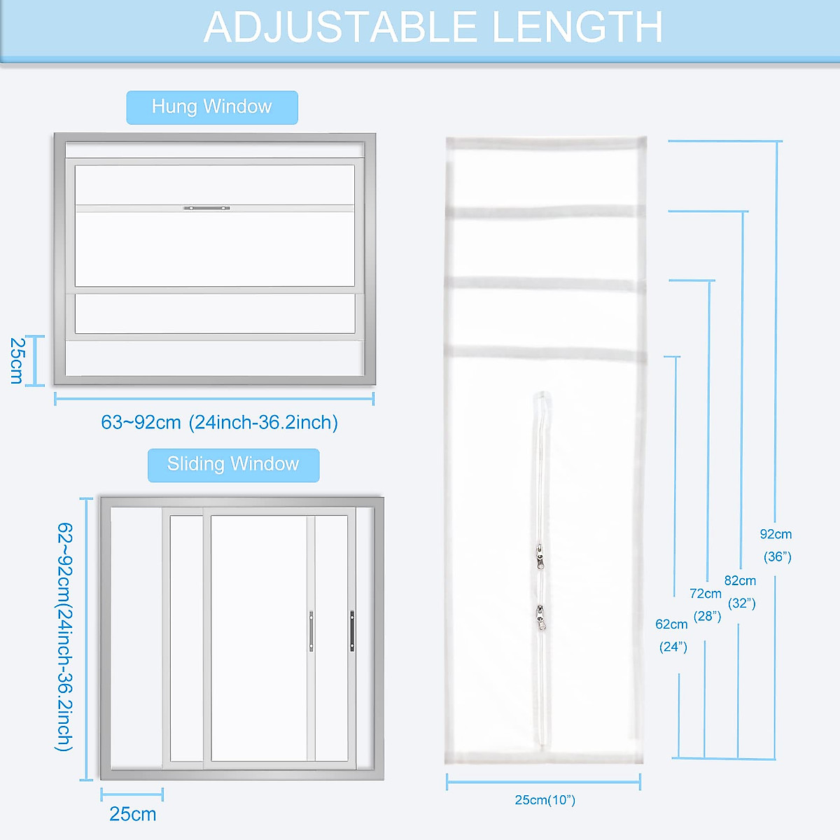 Boqon Portable AC Window Seal Kit Adjustable Air Conditioner Window Vent Kit, No Drilling, Waterproof, Easy to Install with Zip and Adhesive Fastener (25X56~92cm)