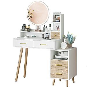 Tiptiper Makeup Vanity Table, Vanity Mirror with Lights & 3 Color Touch Screen Dimming Mirror, Makeup Dressing Table with 5 Drawers, Storage Shelves and Cabinet Drawer Chest