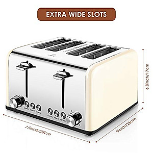 Toaster 4 Slice, CUSIBOX Retro Stainless Steel Extra Wide Slots Toaster with Bagel, Defrost, Cancel Function, 6 Bread Shade Settings, 1650W, Cream