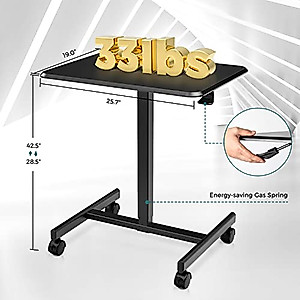 SMUG Mobile Rolling Laptop Cart Pneumatic Adjustable Height from 28" to 33" Sit Stand Computer Desk with Lockable Wheels for Home Office, Black, 25.7in