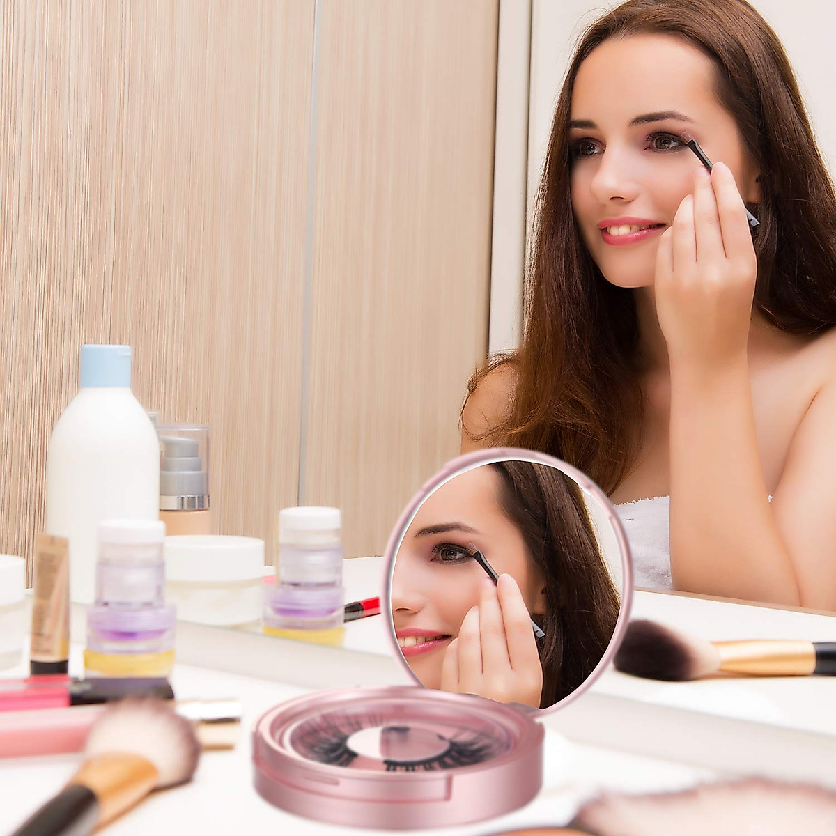 Maitys 6 Pieces Eyelash Packaging Circle Box with Mirror, Eyelash Storage Box Empty Eyelash Box with Lash Holder Eyelash Organizer Container for Travel Storage Women Girls (Rose Gold)