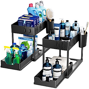Puricon 2 Pack Under Sink Organizers and Storage Pull Out Sliding Drawer, 2 Tier Multi-purpose Kitchen Under the Sink Organizer Under Bathroom Sink Shelf Storage Rack for Countertop Laundry -Black