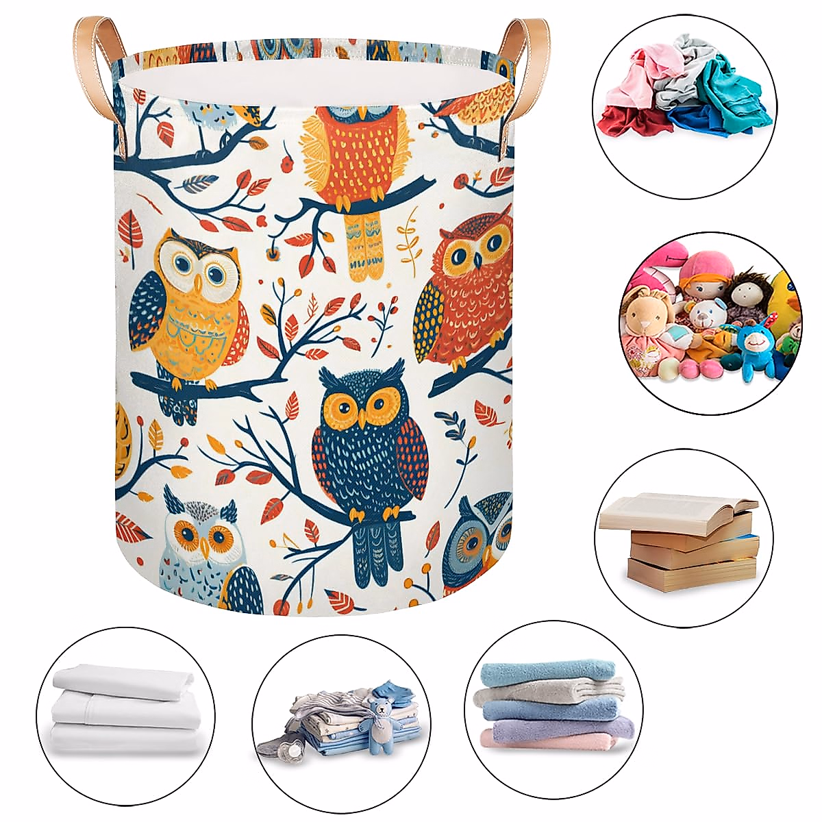 Tablerazzi Laundry Hamper Owl Colorful Large Collapsible Laundry Baskets Waterproof Clothes Hamper with Leather Handles for Bedroom, Bathroom, Dorm, Toys