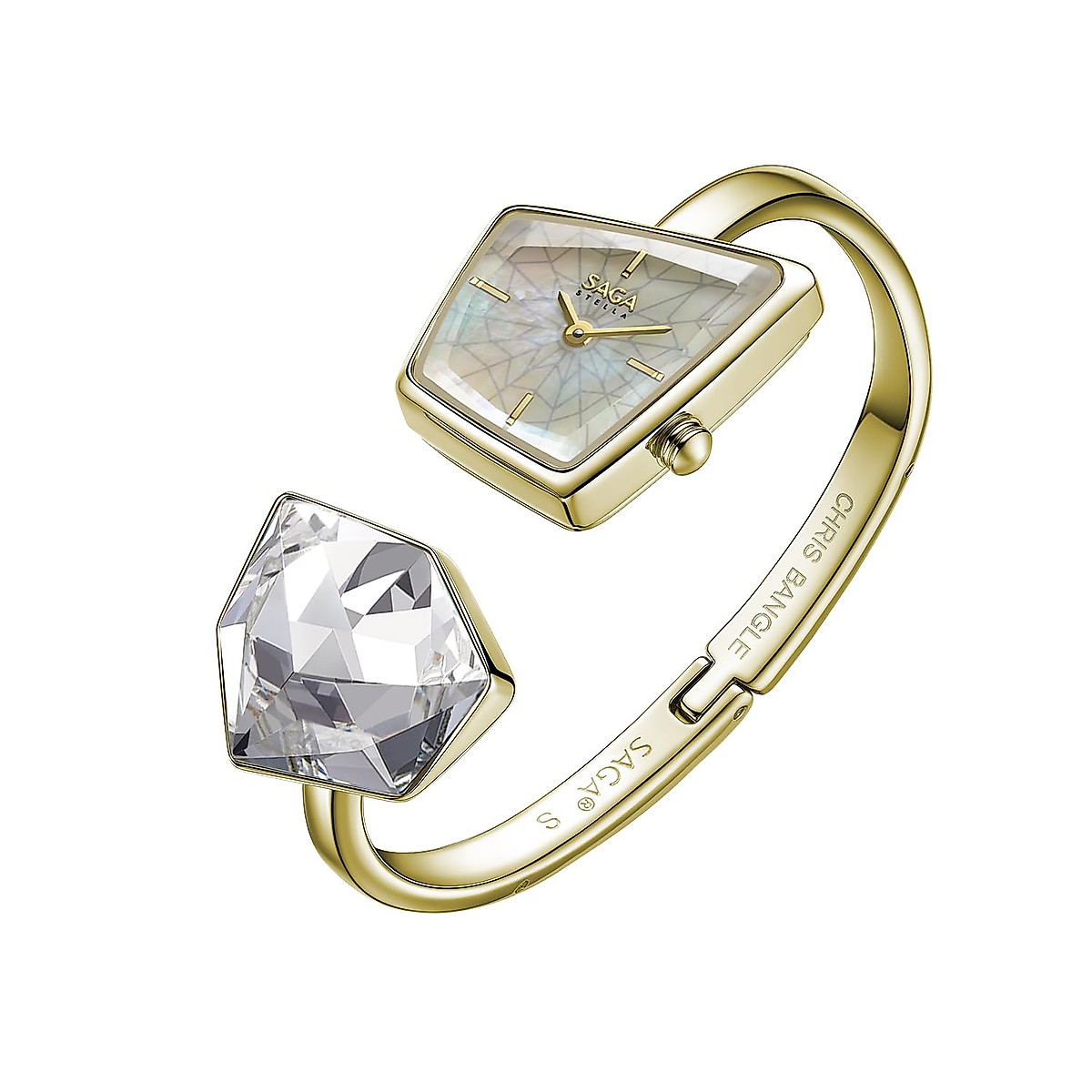 SAGA Illusion Women's Luxury Cuff Bangle Watch, Shaped Mineral Case, 316L Stainless Steel Bracelet with Danube Crystals, Swiss Ronda Quartz Movement, 30M Water Resistant