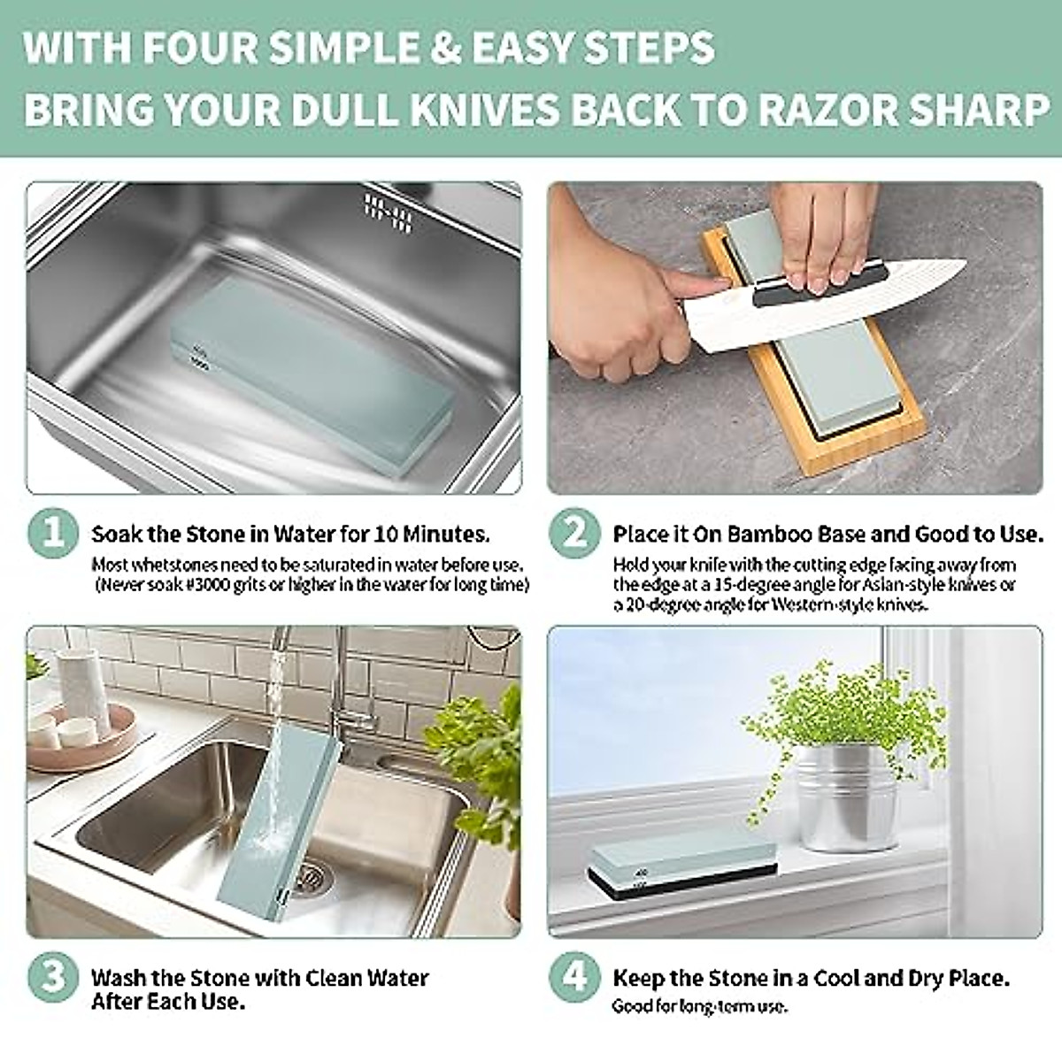 knife sharpening Stone kit, sharpening stone 4 Side Grit 400/1000 3000/8000 Waterstone, Includes Leather Strop, Bamboo Base, Flattening Stone, Slip Rubber Bases, and Angle Guide