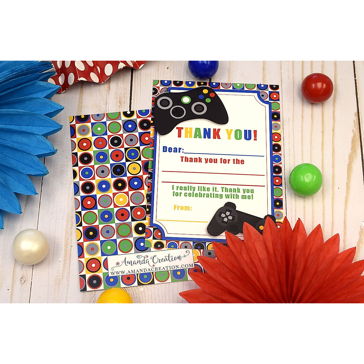 Game On Video Gamer Themed Thank You Notes for Kids, Ten 4" x 5.5" Fill in the Blank Cards with 10 White Envelopes by AmandaCreation