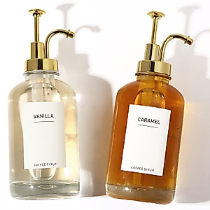 2 Pack 16.9OZ Coffee Syrup Dispenser for Coffee Bar with Labels and Gold Pump, 500ML Syrup Bottles for Coffee Bar Home Bar, BPA Free & Durable Transparent Glass Coffee Syrup Dispenser Bottles