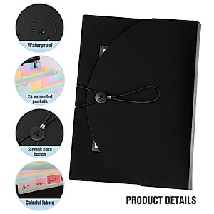 EOOUT 24 Pockets Accordian File Organizer, Portable Expanding File Folders with Expandable Cover, Desktop Plastic Accordion Folders Letter A4 Paper, Document Storage Organizer with Blank Labels