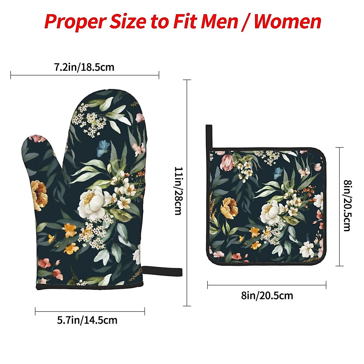 Oven Mitts and Pot Holders Sets 4 Piece, Floral Green Leaves Pattern Oven Gloves Heat Resistant Non-Slip for Kitchen Cooking Grilling Baking