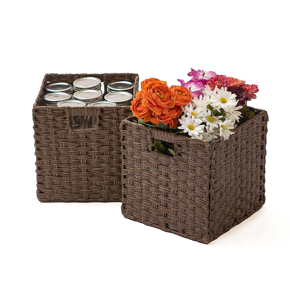 Foldable Synthetic Plastic Wicker Storage Basket with Iron Wire Frame By Blue Ridge Basket Company (Set of 2)