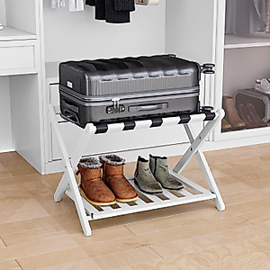 Smart FENDEE Fully Assembled White Bamboo Luggage Rack, 5 Straps Folding Suitcase Stand with Shoe Shelf, Heavy Duty Wood Large Luggage Holders for Guest Room, Bedroom, Hotel