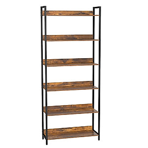Surksis 6-Tier Bookshelf, Large Bookshelf, Industrial Bookcase with Open Shelves, Tall Book Shelf for Living Room, Home Office, Study, Bedroom, 11 x 29.9 x 72.5 Inches, Rustic Brown and Black