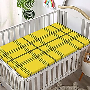 Plaid Themed Fitted Mini Crib Sheets,Portable Mini Crib Sheets Toddler Bed Mattress Sheets-Baby Sheet for Boys Girls,24“ x38“,Yellow and Charcoal Grey