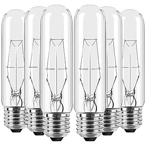 6-Pack 40 Watt T10 Clear Tubular Incandescent Light Bulb, Vintage Style Showcase Bulb,Showcase lamp, 2700K Soft White, E26 Medium Base, 280 Lumens,T10 Tubular Bulb