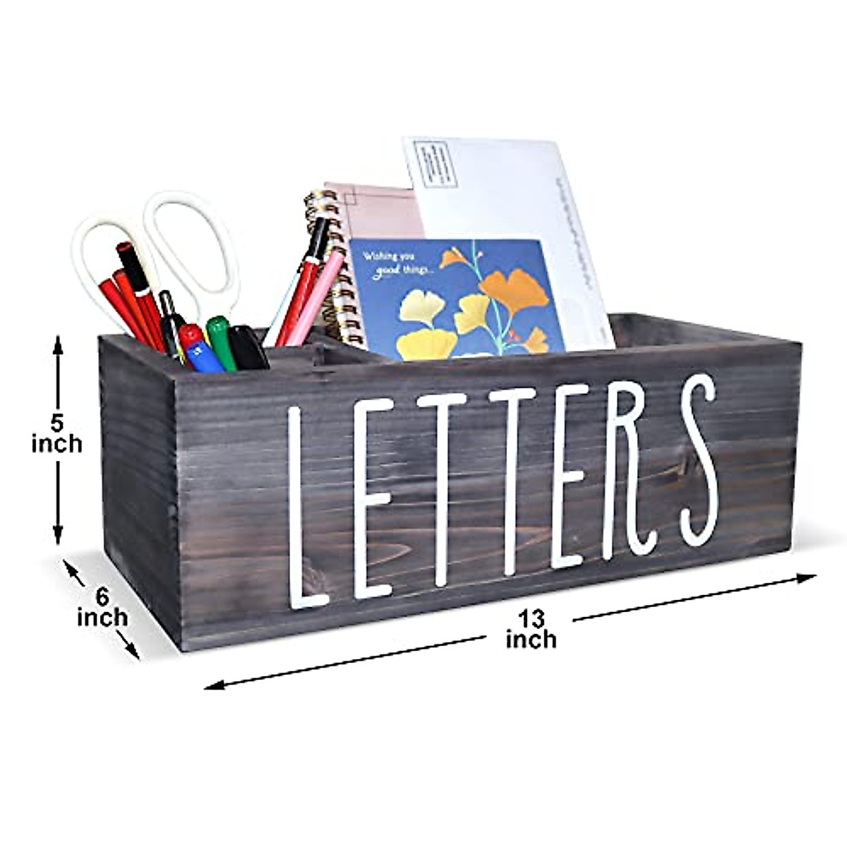 Wooden Mail Organizer with Pen Holder - 3 Compartment Office Desk Organizer Box, Mail Holder for Countertop, Desktop Letter Holder Box, Rustic Home Office Decor Mail Storage Basket, 13 in Grey