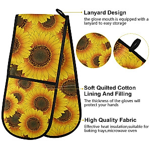 Quilted Double Oven Mitts - Yellow Sunflower Connected Oven Mitts Cooking Gloves Great for BBQ Grilling Baking