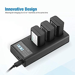 Powerextra NP-FW50 Rechargeable Battery Charger Set for Sony ZV-E10 A6000 A6500 A6300 A7 A7II A7SII A7S A7S2 A7R A7R2 A7RII A55 A510 RX10 RX10II (3 Pack Batteries and 3 Channel Charger LCD Display)