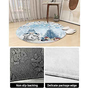 Christmas Fluffy Round Area Rug Carpets 5ft, Plush Shaggy Carpet Soft Circular Rugs, Non-Slip Fuzzy Accent Floor Mat for Living Room Bedroom Nursery Home Decor Winter Gnomes Xmas Silver Tree Pine Blue