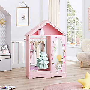 UTEX Kids Dress Up Storage with Mirror, Kids Wardrobe Closet, Dress Up Armoire for Little Girls, Open Hanging Kids Costume Organizer with Storage Cabinet for Kids Room, Playroom