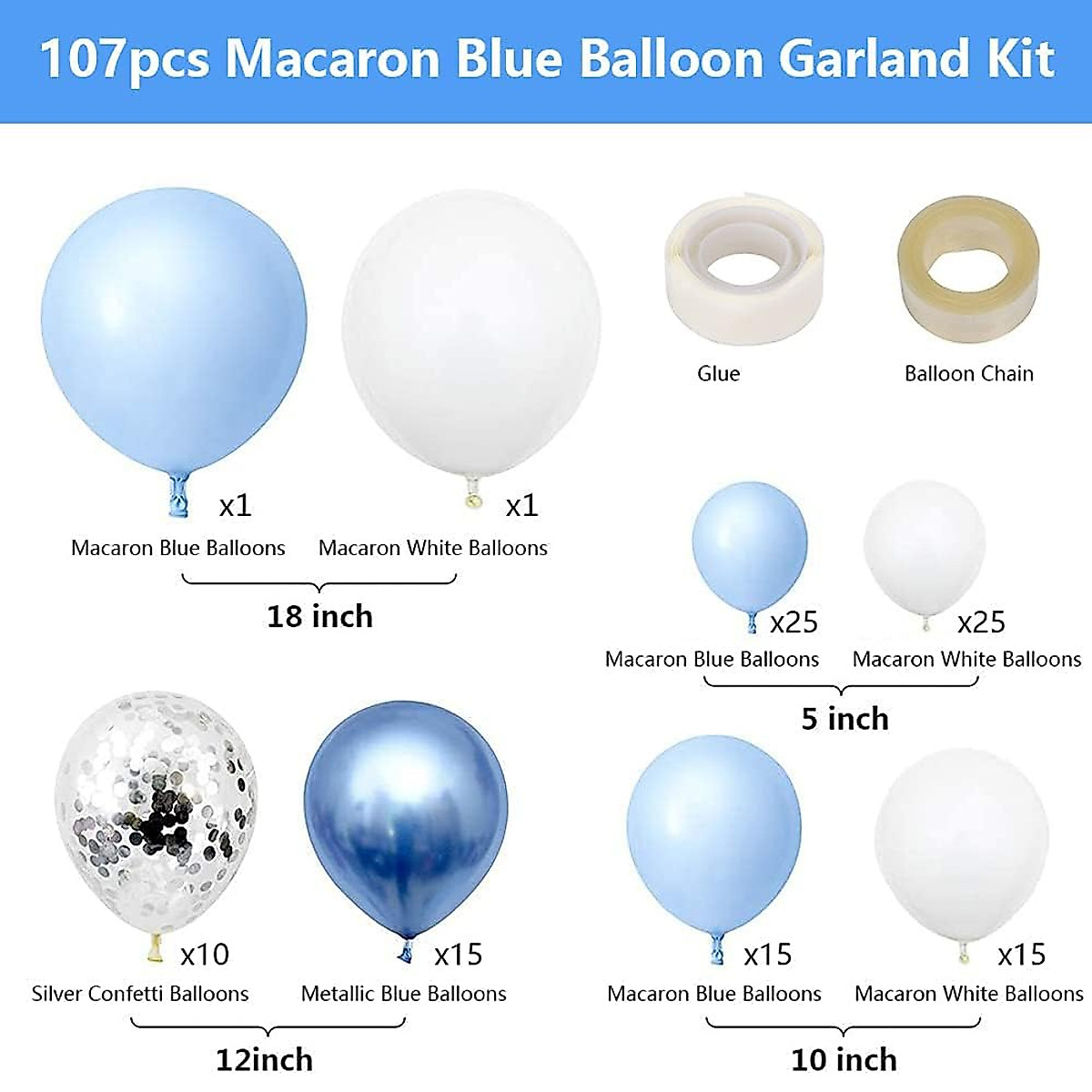 Blue White Silver Balloon Garland Arch Kit, 107Pcs Blue White Silver Balloons Arch Kit with Balloon Chain for Birthday Wedding Baby Decorations Party Decorations