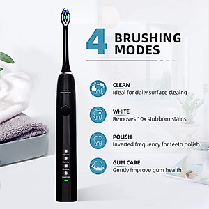 Hanasco Sonic Electric Toothbrush for Adults, 4 Modes with 2 Minute Timer, 8 Brush Heads Included, Whitening Clean 4 Hours Charge for 100 Days Use, Soft Bristles, 38,000 VPM Black