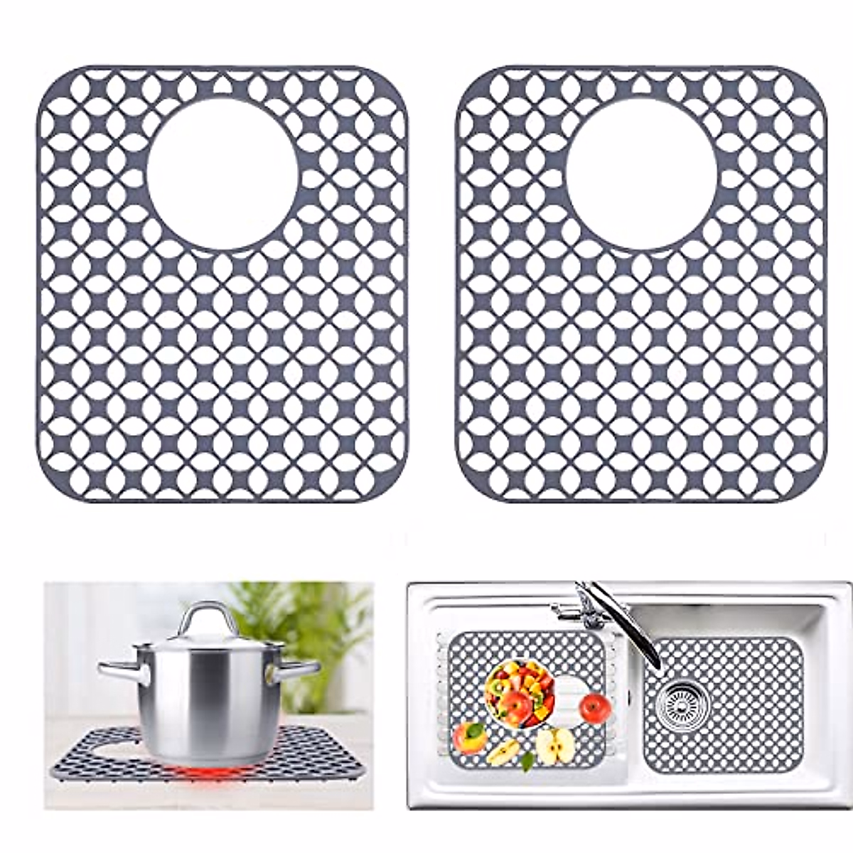 NCUUBR Silicone Sink Mats for Bottom of Kitchen Sink, 2 PCS Sink Mat and Protectors for Stainless Steel Sink, 13.58 ''x 11.6 '' Rear Drain Non-slip Sink Protectors