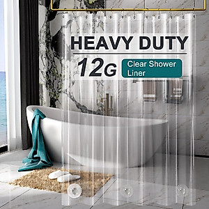 AmazerBath Heavy Duty Shower Curtain Liner 12 Gauge, 72 x 84 Inches Clear Shower Curtain Liner with 3 Clear Stones and 12 Grommet Holes, Weighted Plastic Shower Curtain Liner