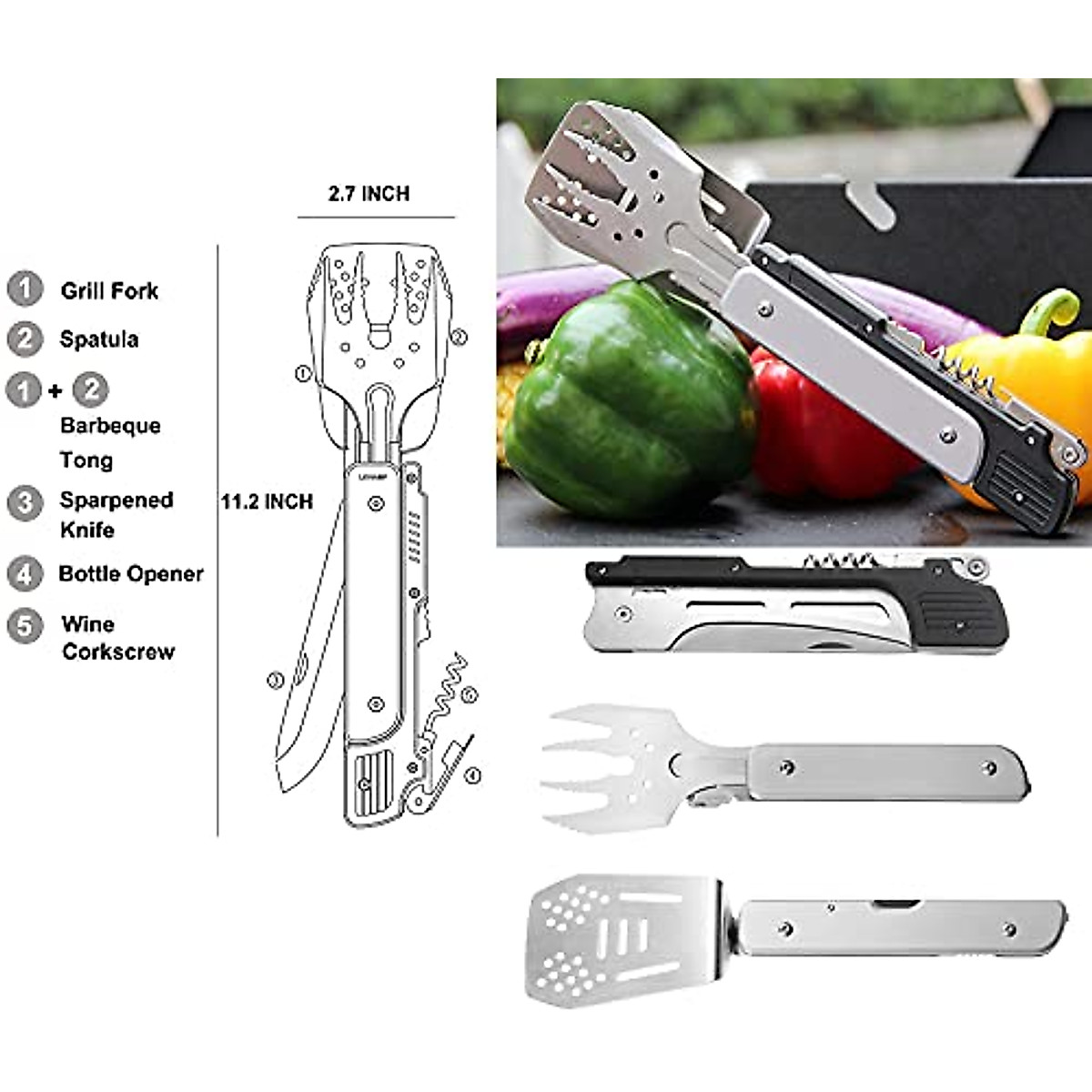 Lichamp 6-in-1 BBQ Multi Tool Set, Folding BBQ Tool Stainless Steel, Folding Grill Tool for Outdoor BBQ Grill