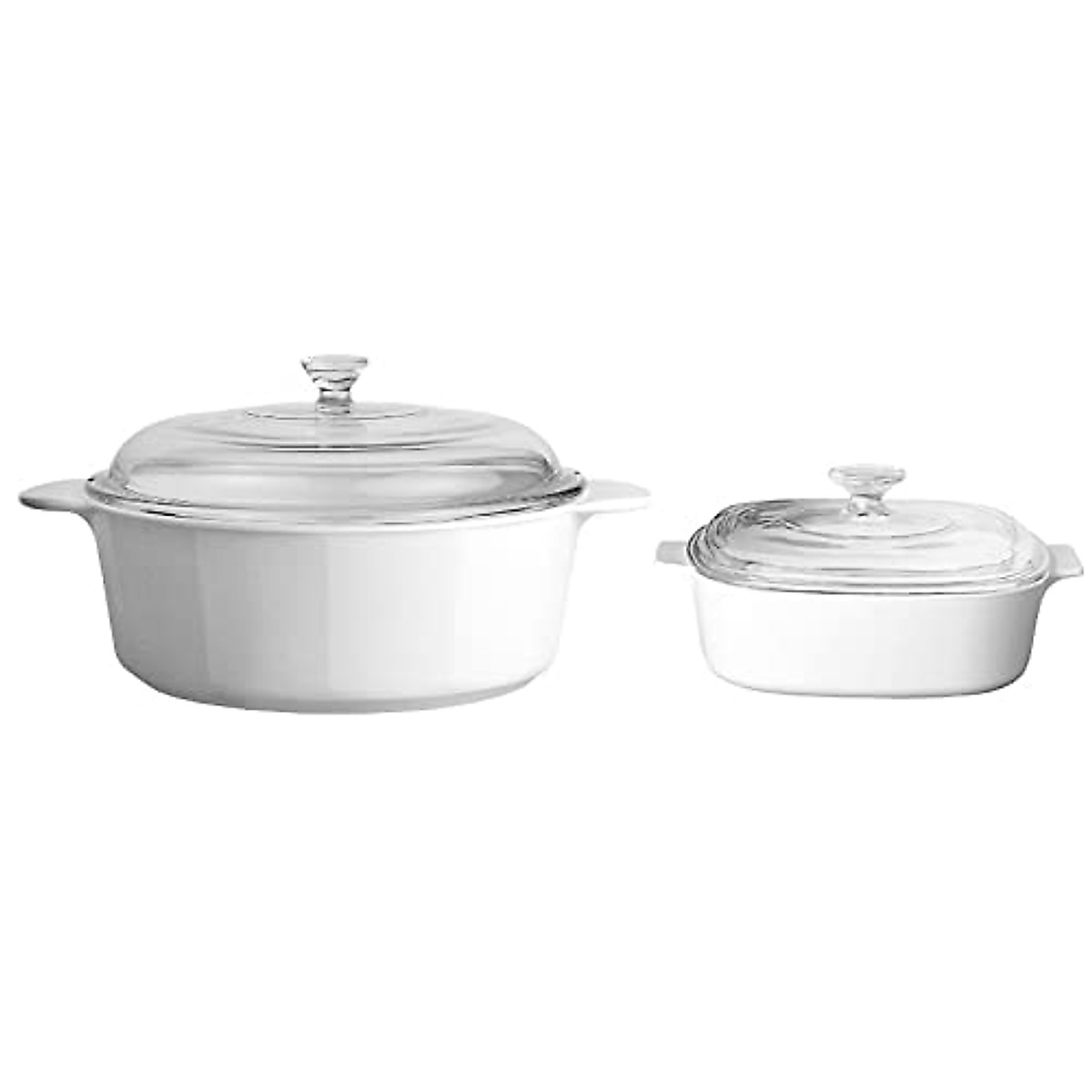 CorningWare 4 Piece Pyroceram Classic Casseroles 2.4 qt/2.25L Round & 2.1 qt/2L Square Cooking Pots With Handles & Glass Lid - White