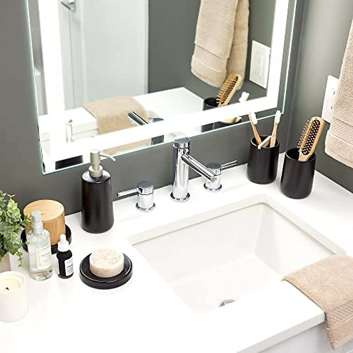 iDesign Ceramic Earth Collection Toothbrush Holder with Paulownia Wood Divider, One Size, Matte Black/Natural