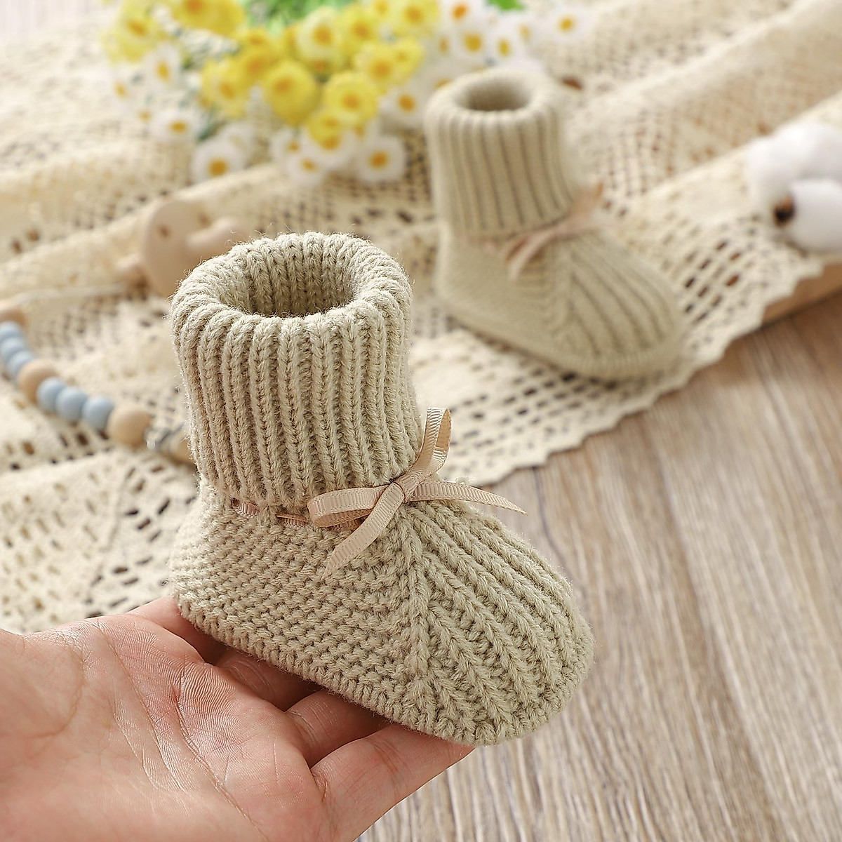 mimixiong Baby Booties Newborn Infant Hand Knitting Crochet Boy and Girl Cozy Shoes Camel 0-3 Months