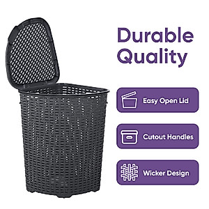 Superio Corner Laundry Hamper Basket With Lid 50 Liter - Grey Wicker Hamper - Durable, Lightweight Bin With Cutout Handles, Storage Dirty Cloths Curved Shape Design Fits Bathroom, Door and Closet