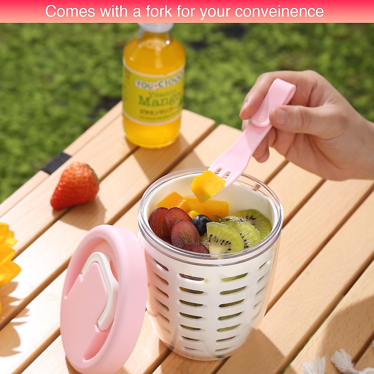 Audest Fruit Salad Storage Cup With Lids and Fork, 20 Oz Plastic Airtight Fruit Storage Containers for fridge with BPA-Free, Leak-Proof, Reusable for Office,Party,Travel