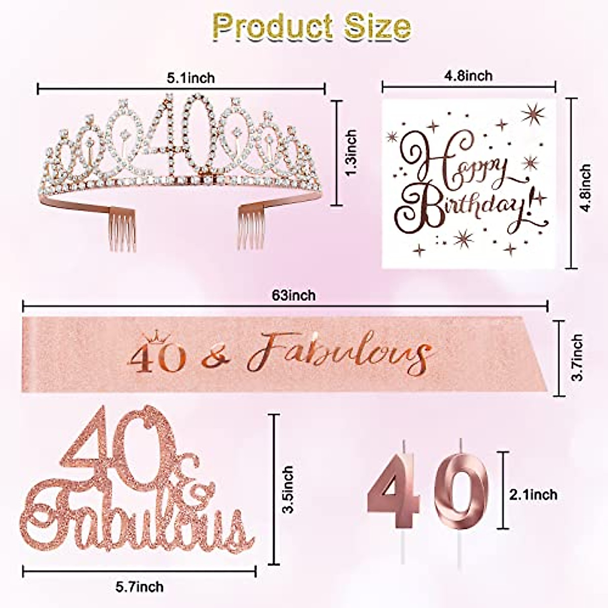 Gaciban 40th Birthday Decorations Women, 40th Birthday Sash and Tiara Crown, Cake Toppers, Birthday Candles, Napkins Sett, Happy 40th Birthday Gifts for Women (Rose Gold)
