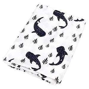 Oliver & Rain Organic Muslin Baby Boy Swaddle Blankets 4 Pack Receiving Blanket Whaleshark and Stingray Print, Dark Blue Dash Stripe and Solid White