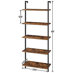 HOOBRO 5-Tier DIY Ladder Shelf and 6-Tier Wall Mounted Bookshelf, Office Vertical Bookcase, Wooden Storage Shelves for Home Office, Bedroom, Rustic Brown BF53CJ01-BF65CJ01