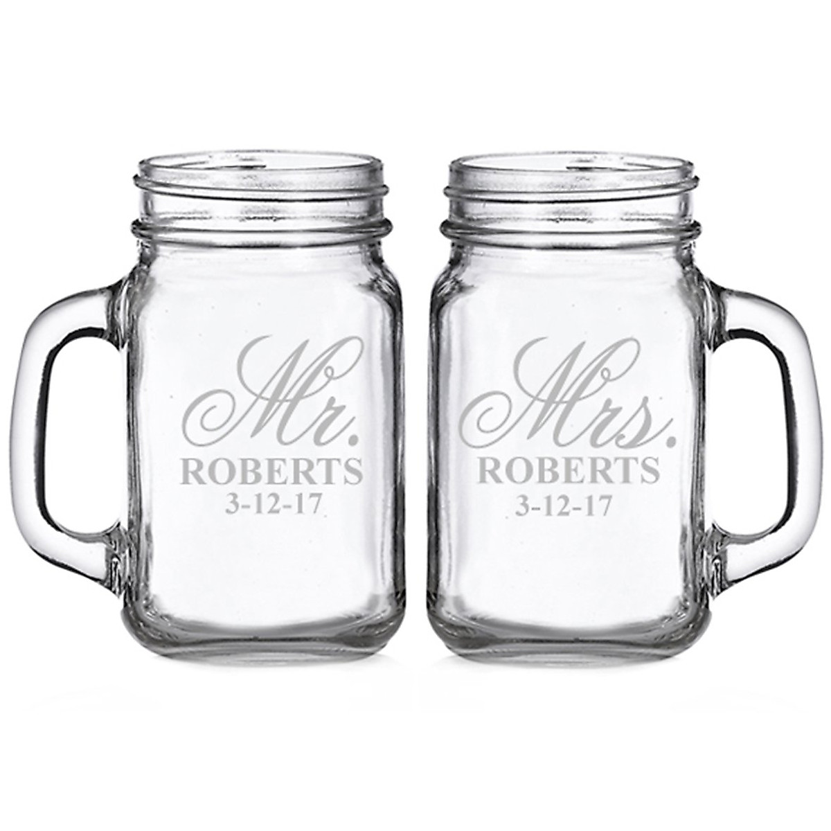 Mr. and Mrs. Elegant Script Personalized Glass Mason Mugs (set of 2)