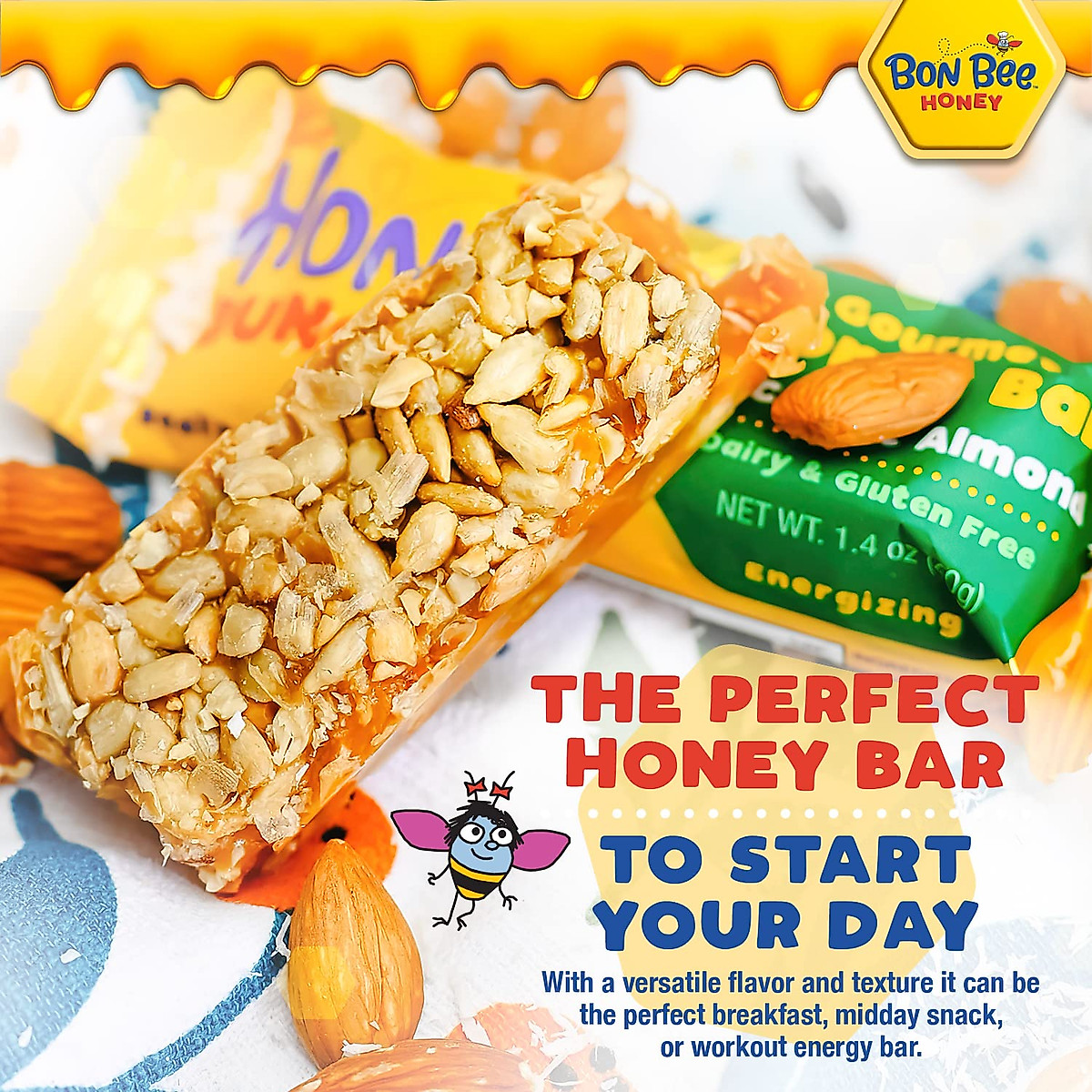 BON BEE Honey Bunchies All Natural Honey Bar - Natural Breakfast & Nutrition Bars for Healthy Energy & Fuel - Variety of Delicious Highlights & Perfectly Balanced, 12-1.4oz Bars