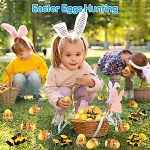 EZIGO Easter Eggs Fillers with Construction Vehicles Building Blocks, 12 Pack Bulk Toy, Basket Stuffers Easter Party Favors Supplies Classroom Prize Easter Hunts Gift for Kids