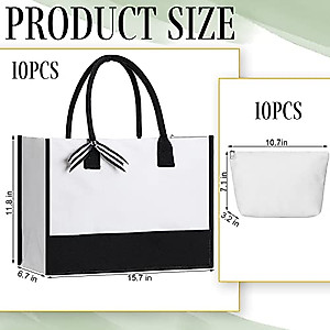 10 Pcs Canvas Tote Bags for Women Canvas Gift Bag with Makeup Bag Large Beach Tote Bag Reusable Blank Tote Bag for Bridesmaid Wedding Shopping Grocery Travel,15.7 x 11.8 x 6.7 Inch (Stripe Ribbon)